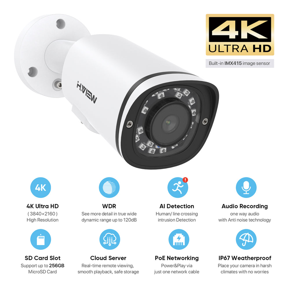H.VIEW 4K POE Camera with Microphone, One-way Audio, Cloud Server, Mic ...